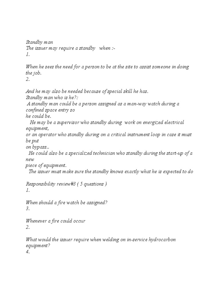 Standby Man Responsibilities | PDF | Safety | Fuse (Electrical)