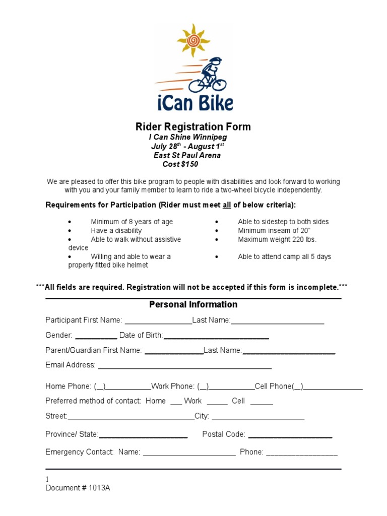 Rider Registration Form: I Can Shine Winnipeg | PDF | Road Transport ...
