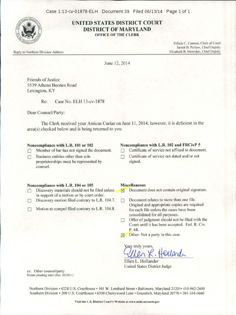 USDC MD ECF 39 - 2014-06-13 - Taitz V Colvin - Deficiency Return Letter ...