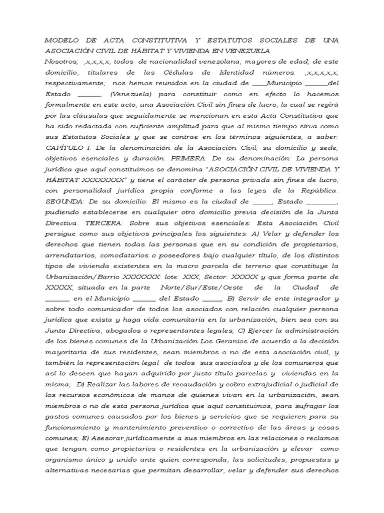 Modelo de Acta Constitutiva y Estatutos Sociales de Una Asociación Civil de Hábitat y Vivienda ...