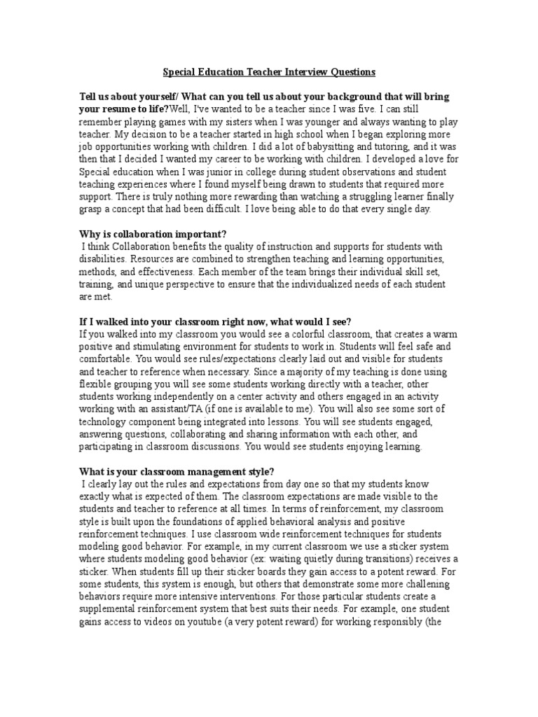 Special Education Teacher Interview Guide | PDF | Differentiated ...