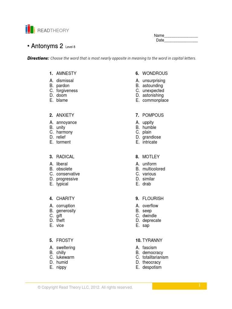 Level 8 Antonyms 2 | PDF | Anxiety | Politics (General)