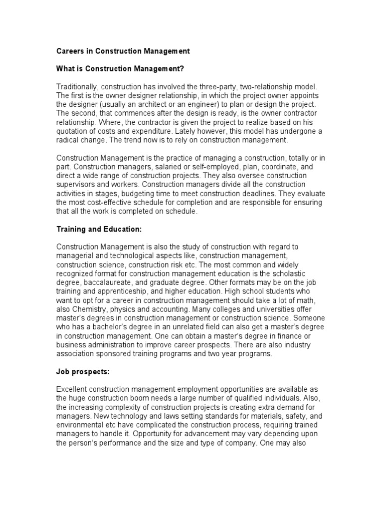 Careers in Construction Management Guide | PDF | Construction ...