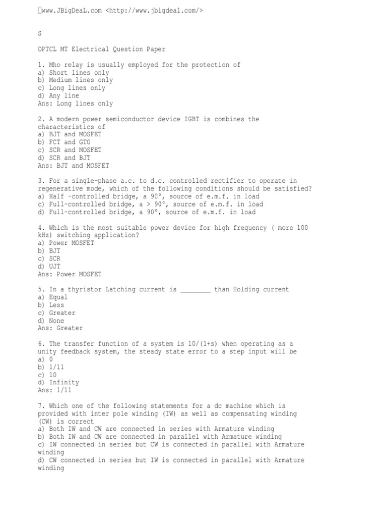 Optcl MT Electrical Question Paper With Answers Sample Model Paper ...