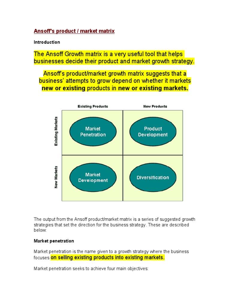 New or Existing Products in New or Existing Markets.: Ansoff's Product ...