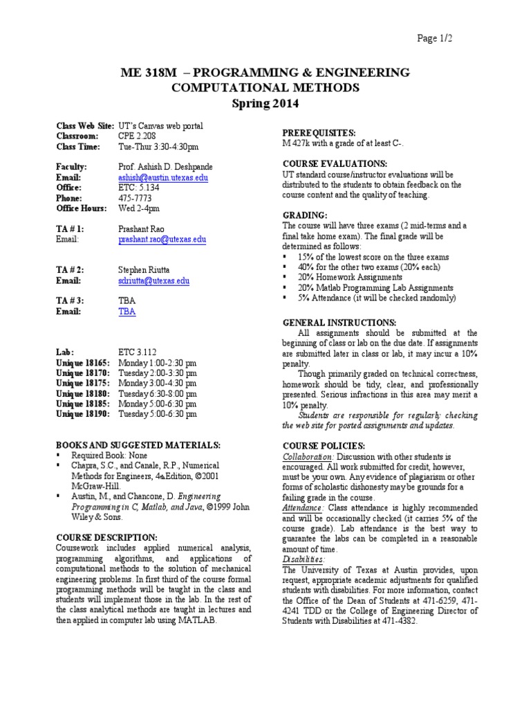 Me 318M - Programming & Engineering Computational Methods Spring 2014 | PDF | Matrix ...