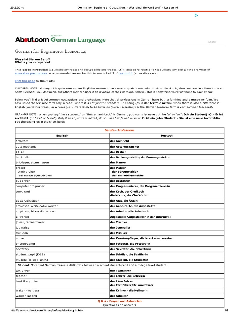 German For Beginners - Occupations - Was Sind Sie Von Beruf - Lesson 14 ...