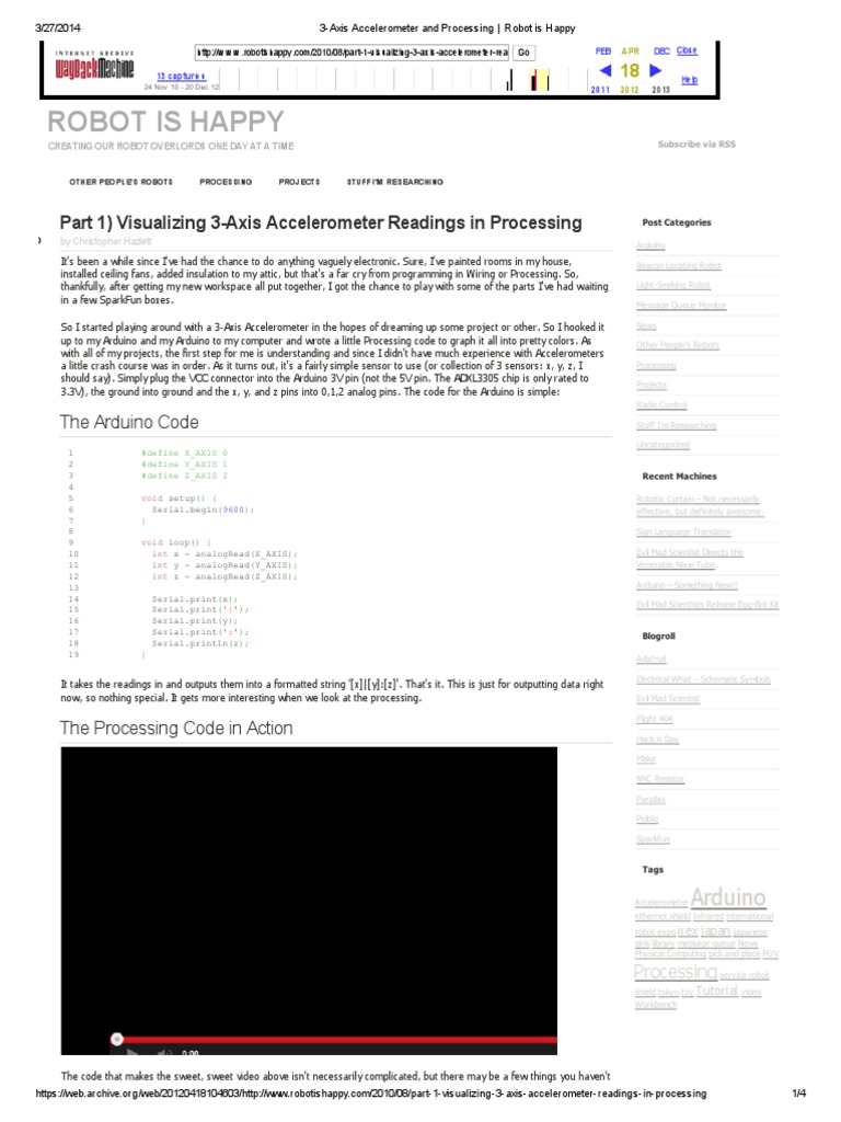 3 Axis Accelerometer And Processing Robot Is Happy Pdf Arduino