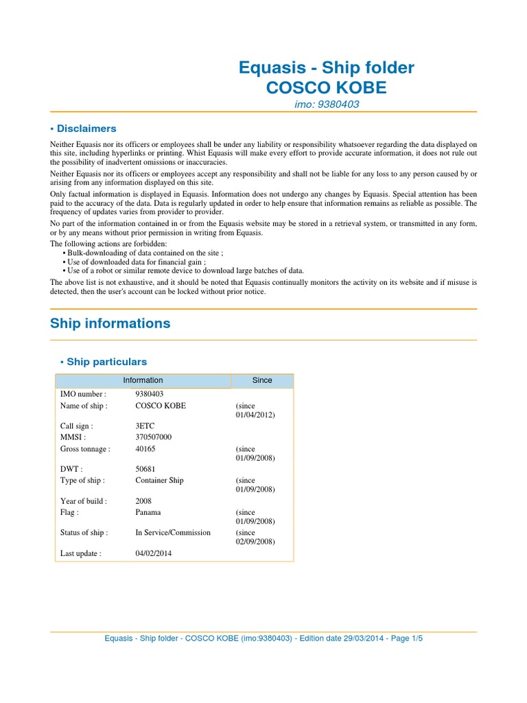 Equasis - Ship Folder Cosco Kobe | PDF | Shipping | Water Transport