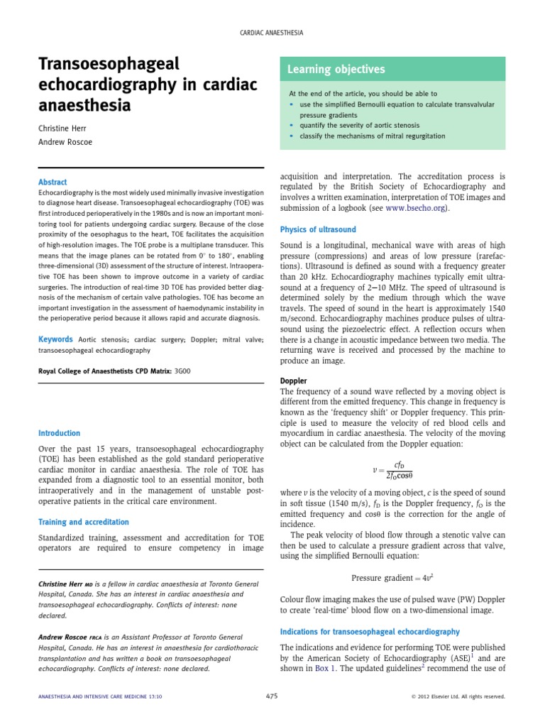 Transoesophageal Echocardiography in Cardiac Anaesthesia | PDF | Heart ...