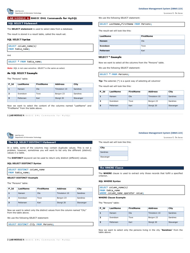 Lab Module 4 Basic Dml Commands For Mysql Pdf Sql Databases