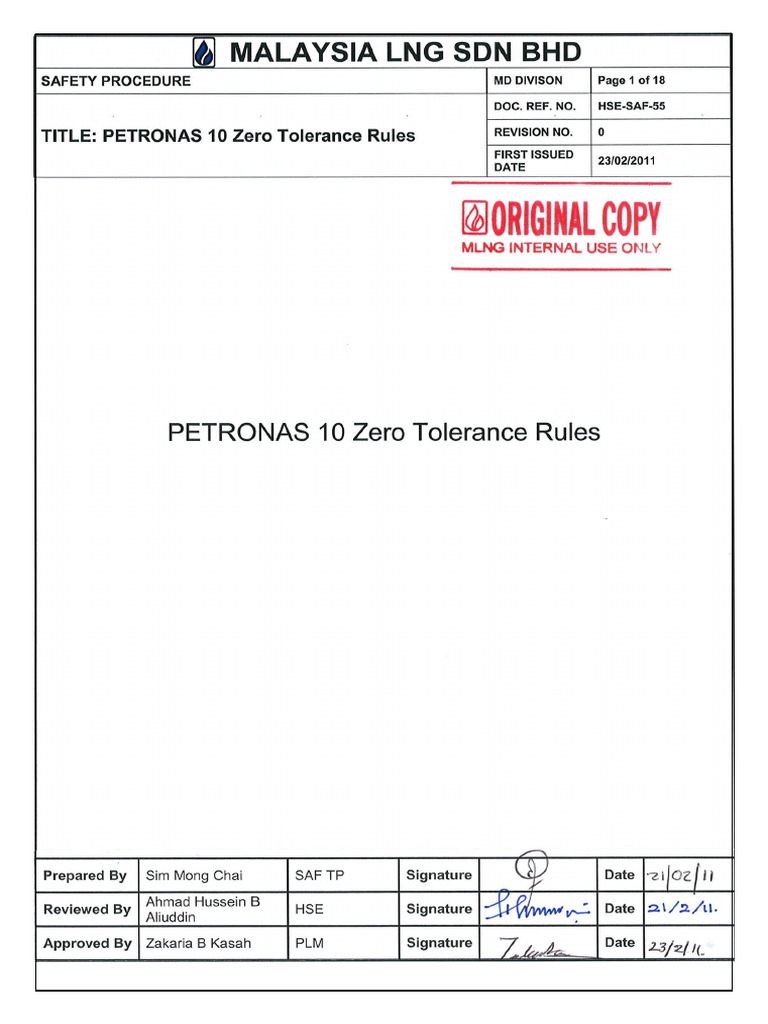 Hse-Saf-55 Petronas 10 Zero Tolerance Rules | PDF | Personal Protective ...