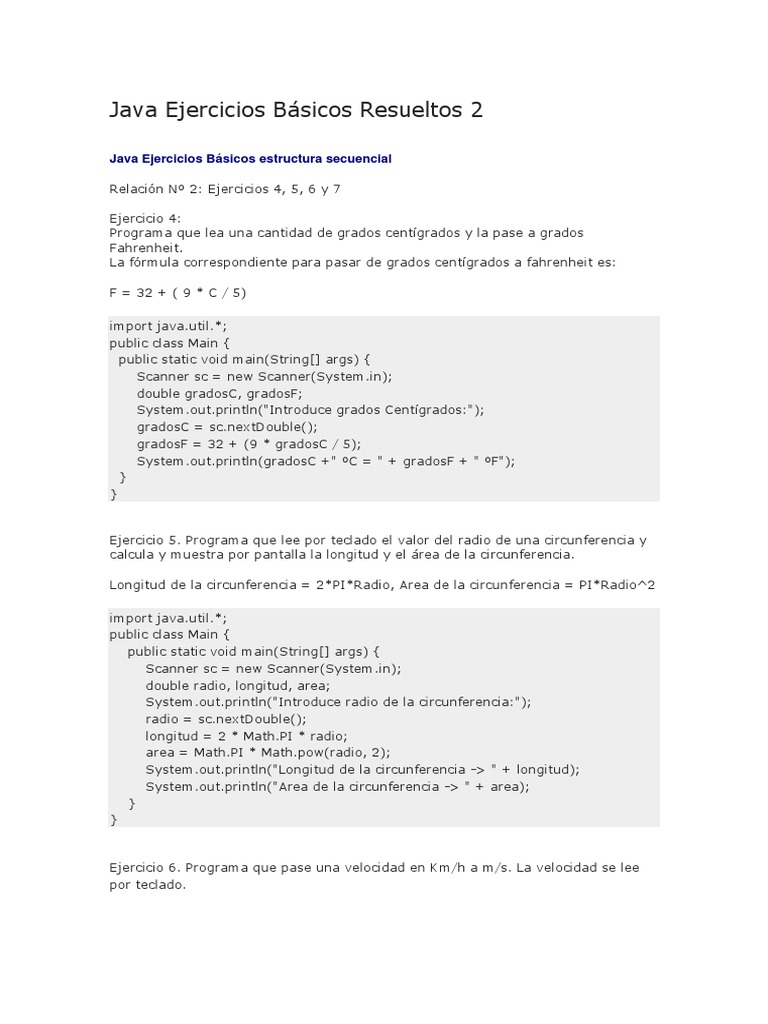 Java: Ejercicios Básicos Resueltos 2 | PDF