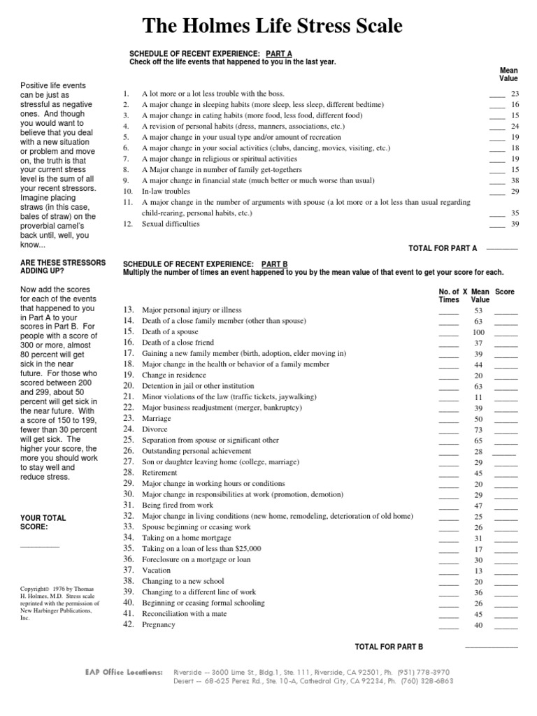 The Holmes Life Stress Scale | PDF | Stress (Biology) | Behavioural ...