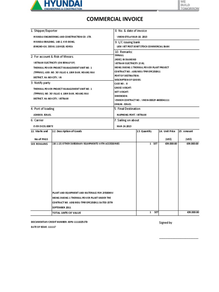 Commercial Invoice: 1. Shipper/Exporter 8. No. & Date of Invoice | PDF