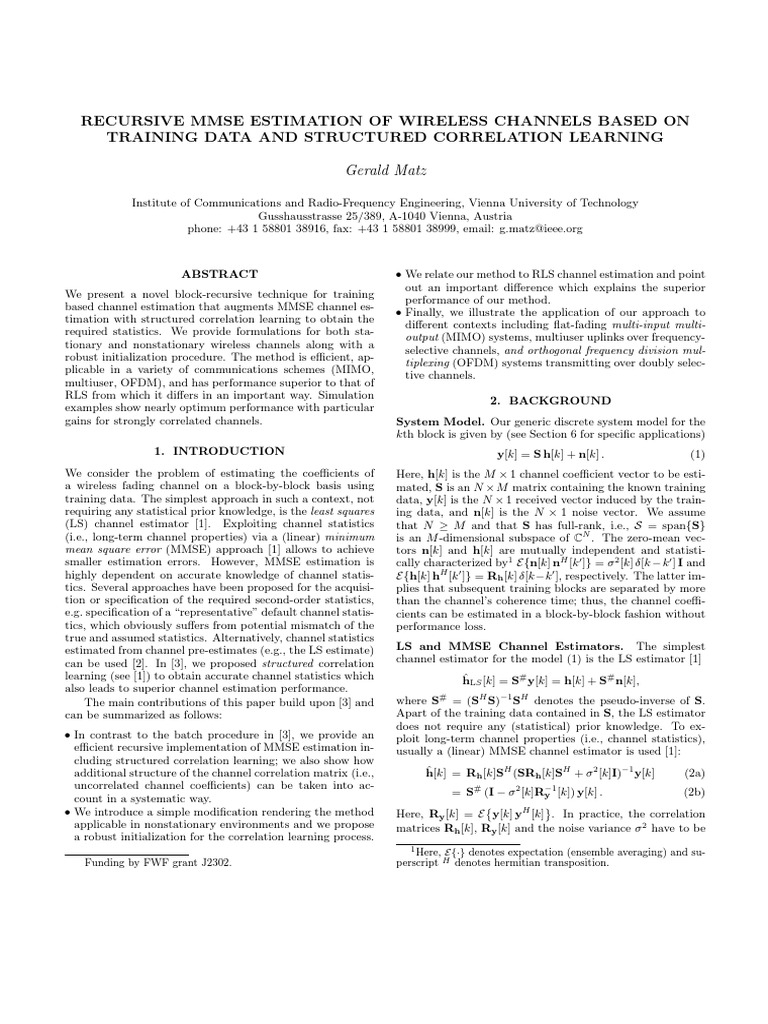 Recursive Mmse Estimation of Wireless Channels Based On Training Data and Structured Correlation ...