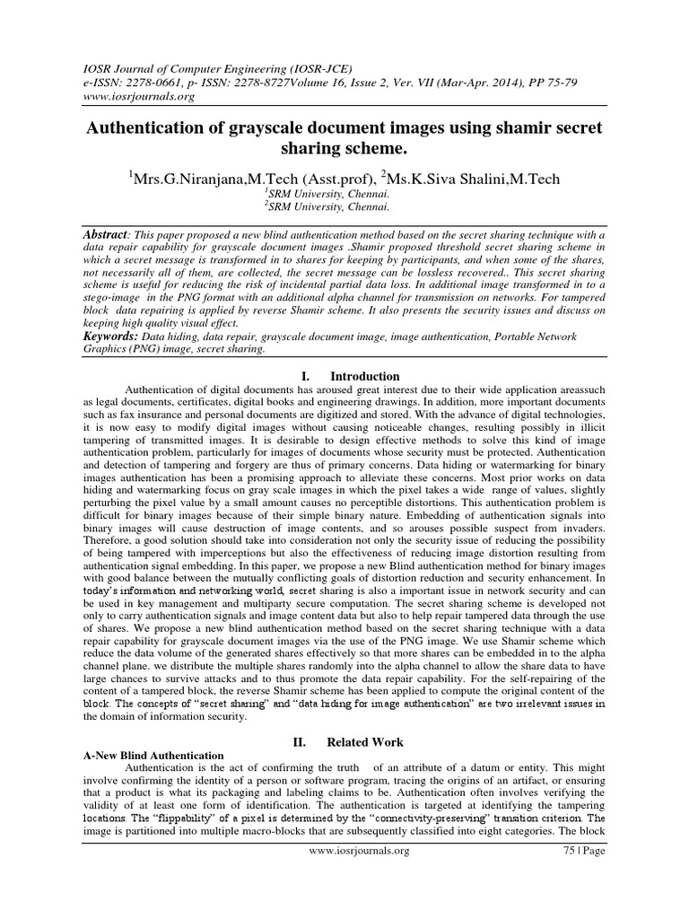 Authentication of Grayscale Document Images Using Shamir Secret Sharing Scheme | PDF | Areas Of ...
