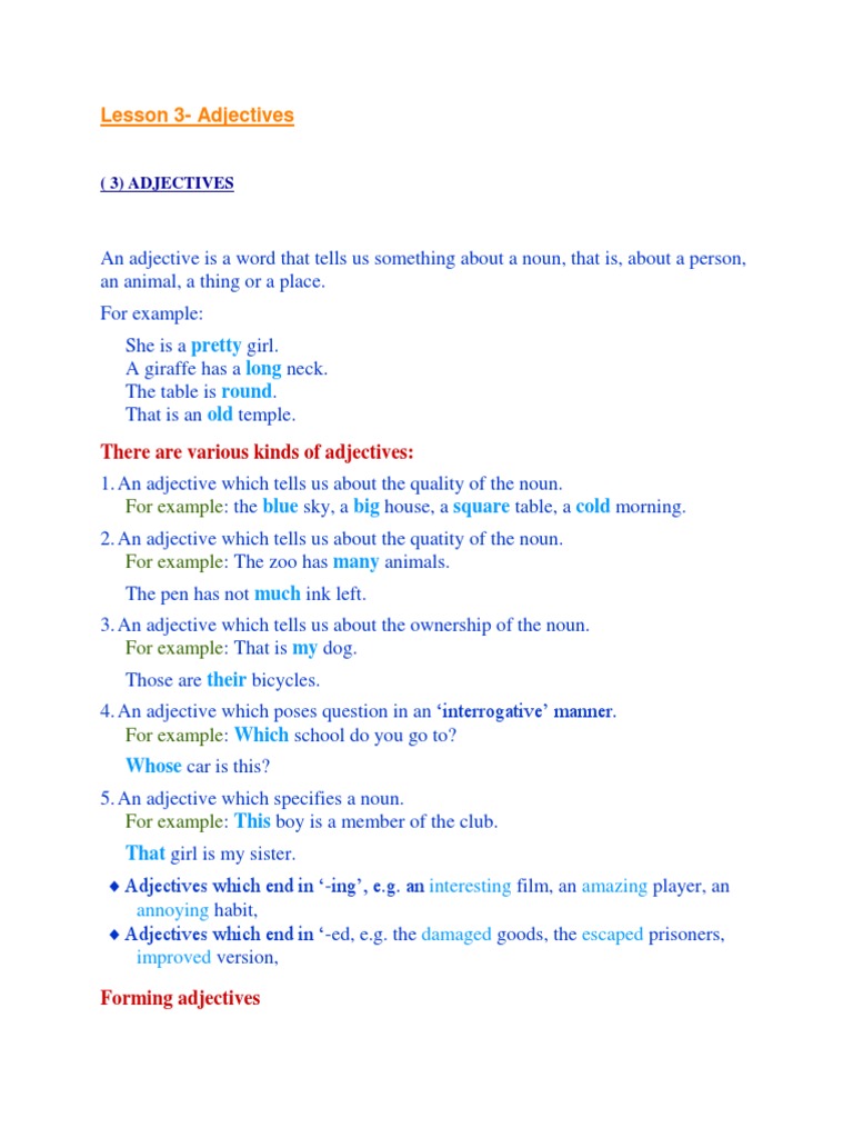 Lesson 3 - Adjectives | PDF | Adjective | Grammar