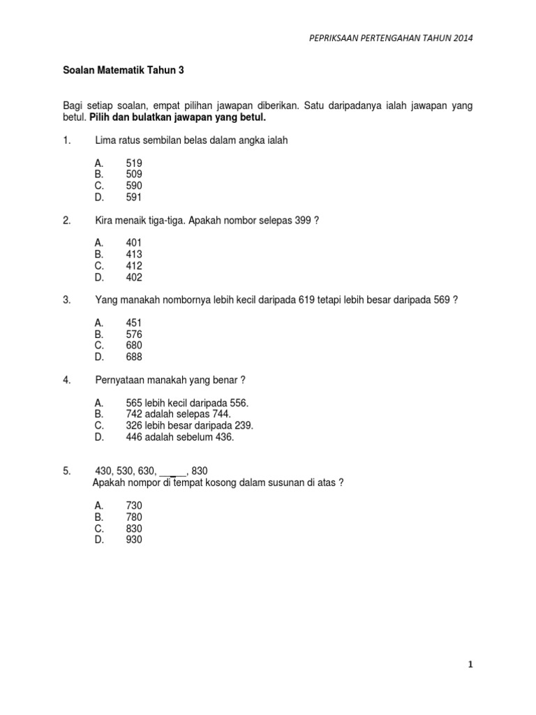Soalan Matematik Tahun 3 | PDF