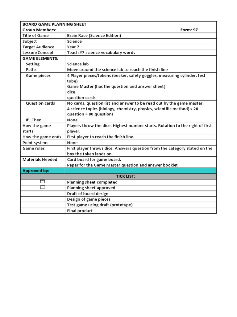 Board Game Planning Sheet Sample | PDF