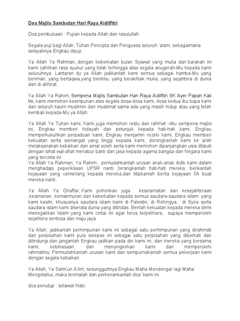 Doa Majlis Sambutan Hari Raya Aidilfitri | PDF