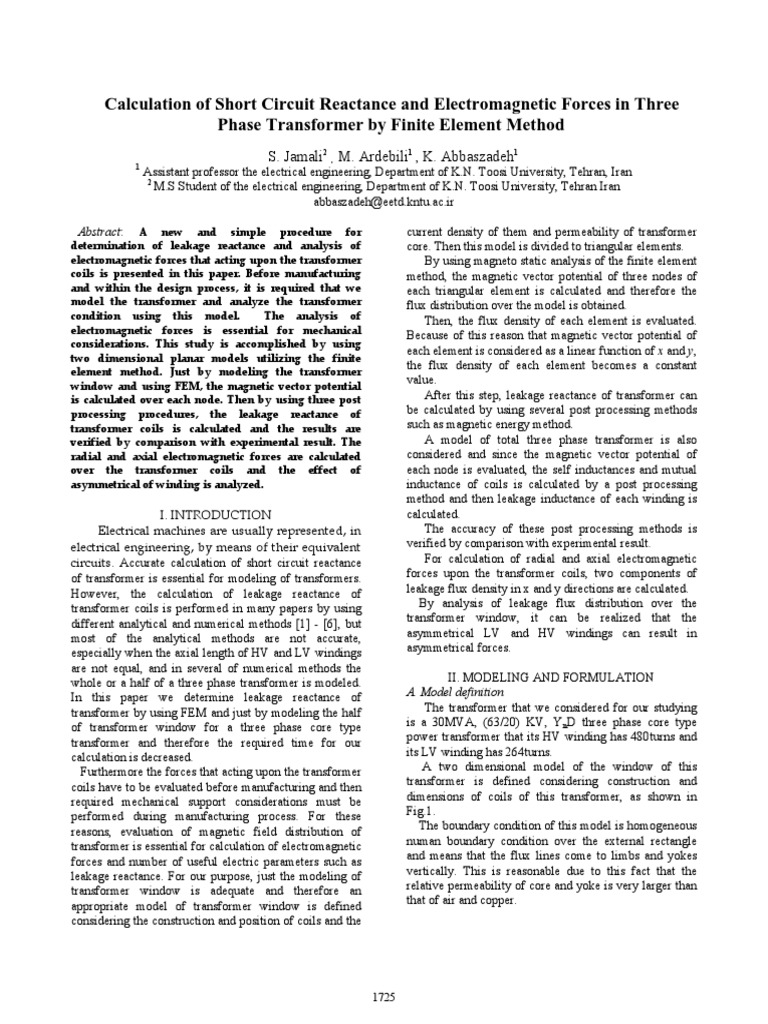 Calculation of Short Circuit Reactance and Electromagnetic Forces in Three Phase Transformer by ...