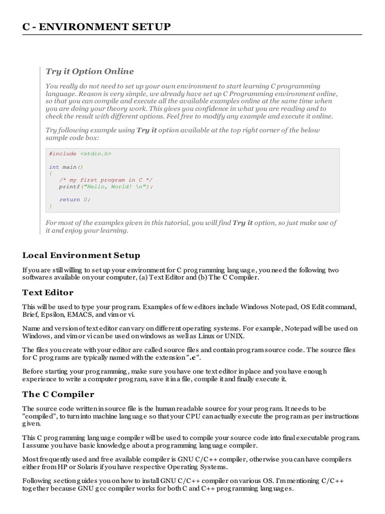 C - Environment Setup: Try It Option Online | Download Free PDF | Operating System | C ...
