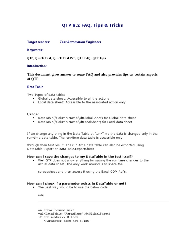 Qtp 82 Faq Tips Tricks Pdf Library Computing Subroutine