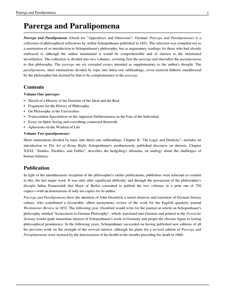 Parerga and Paralipomena | PDF | Modern Philosophers | Arthur Schopenhauer