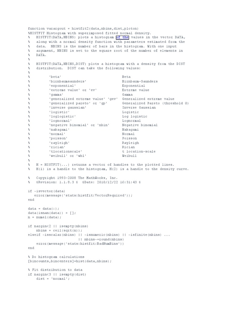 Histfit2 (Data, Nbins, Dist, Ploton) | PDF | Histogram | Normal ... Histfit2 (Data, Nbins, Dist, Ploton) | PDF | Histogram | Normal ...