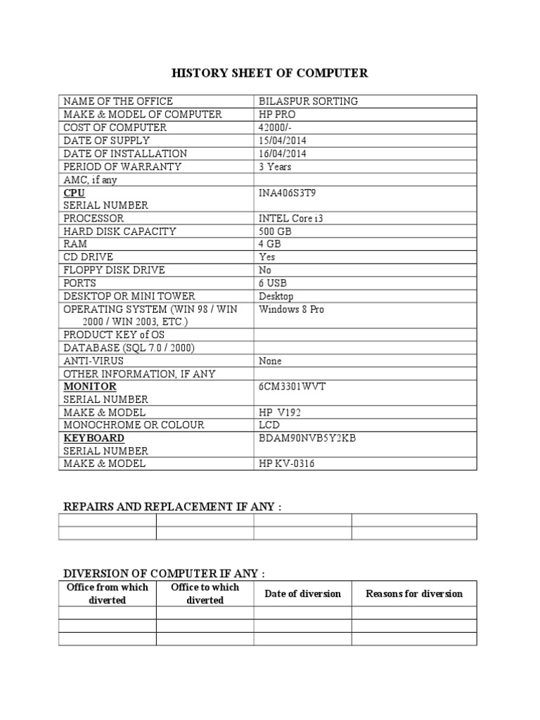 History Sheet of Computer | PDF | Operating System | Printer (Computing)
