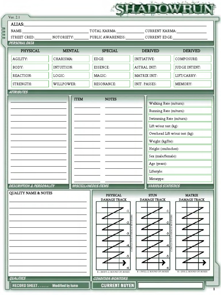 SR4 Shadowrun 4th Character Sheets Long Version