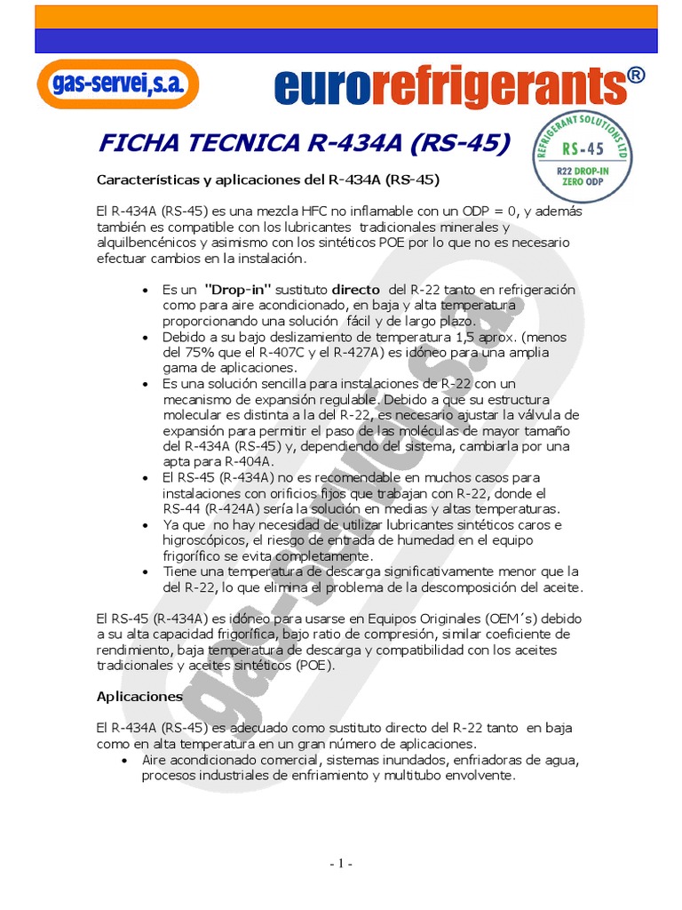 Caracteristicas Gas Refrigerante R434a - rs-45 - Tec | PDF | Lubricante | Clorofluorocarbono