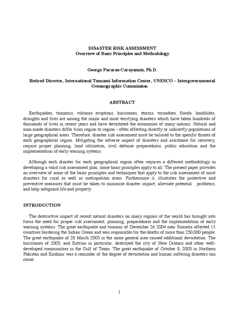DISASTER RISK ASSESSMENT Overview of Basic Principles and Methodology ...