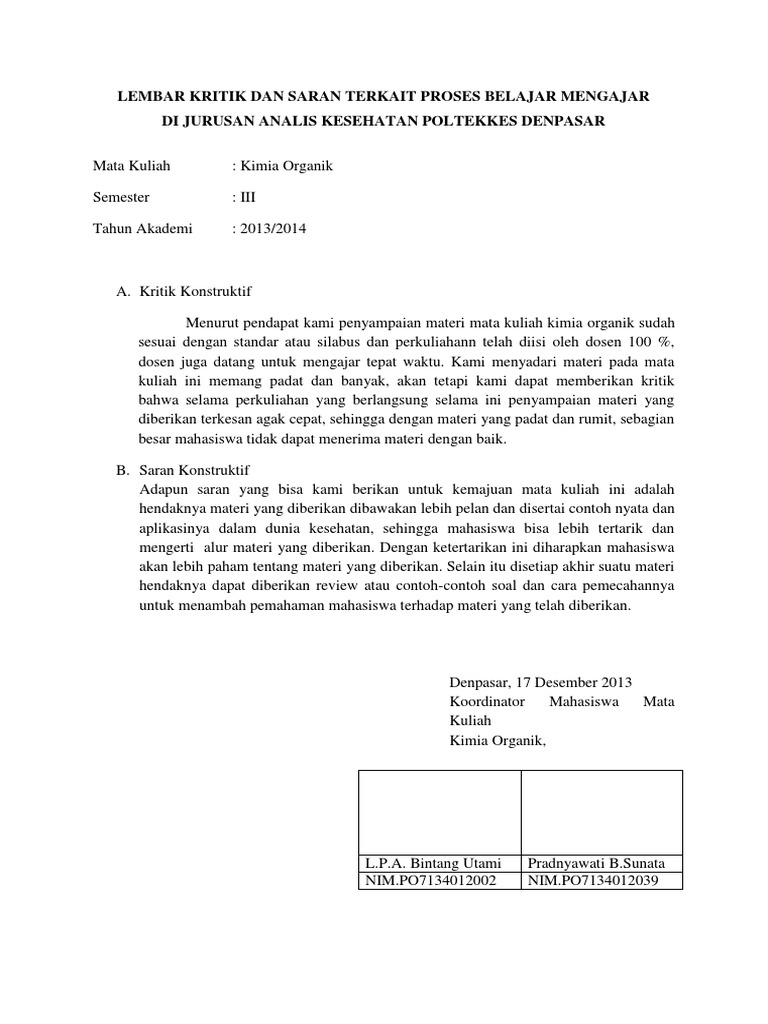 Lembar Kritik Dan Saran Terkait Proses Belajar Mengajar | PDF