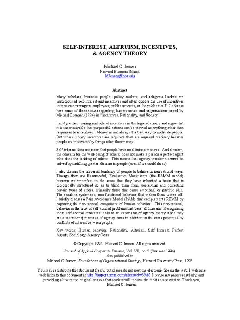 Self-Interest, Altruism, Incentives, & Agency Theory | PDF ...