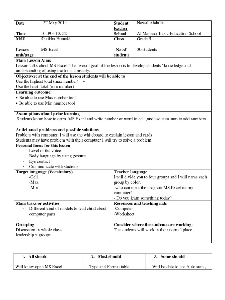 lesson plan project grade 5 | Microsoft Excel | Lesson Plan | Free 30 ...