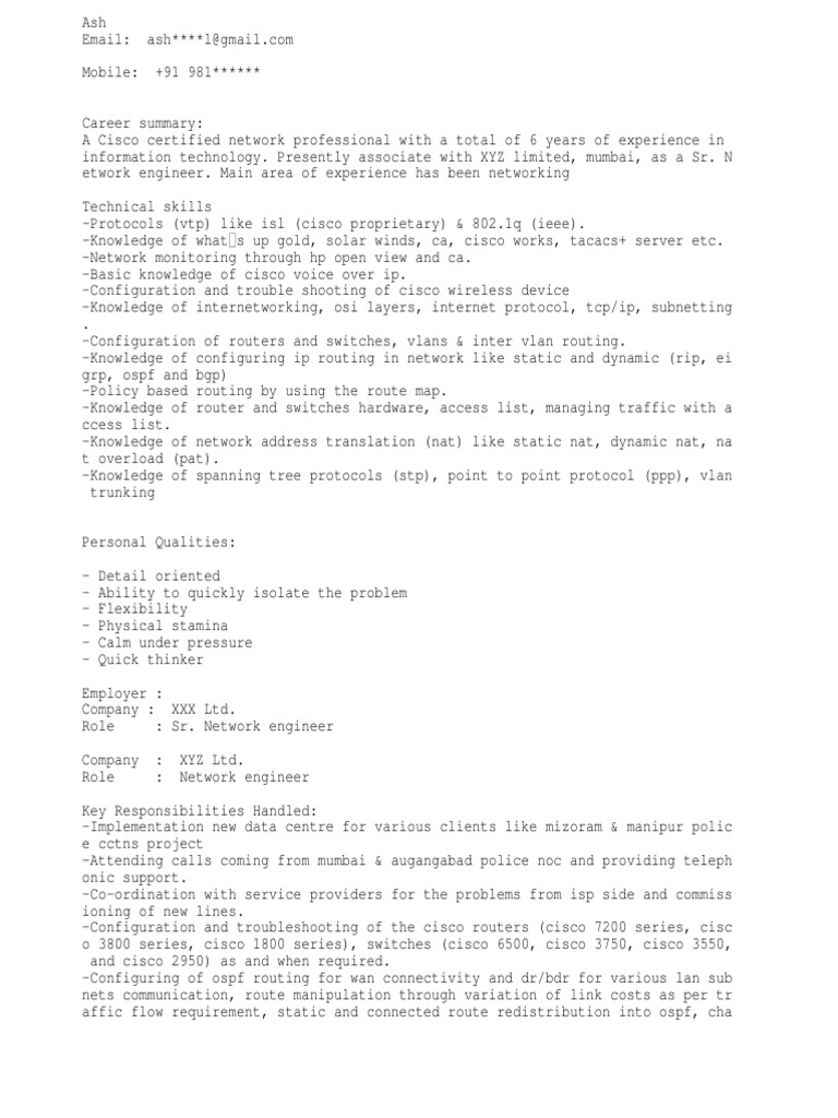 Senior Network Engineer Resume Sample | PDF | Computer Network | Router ...