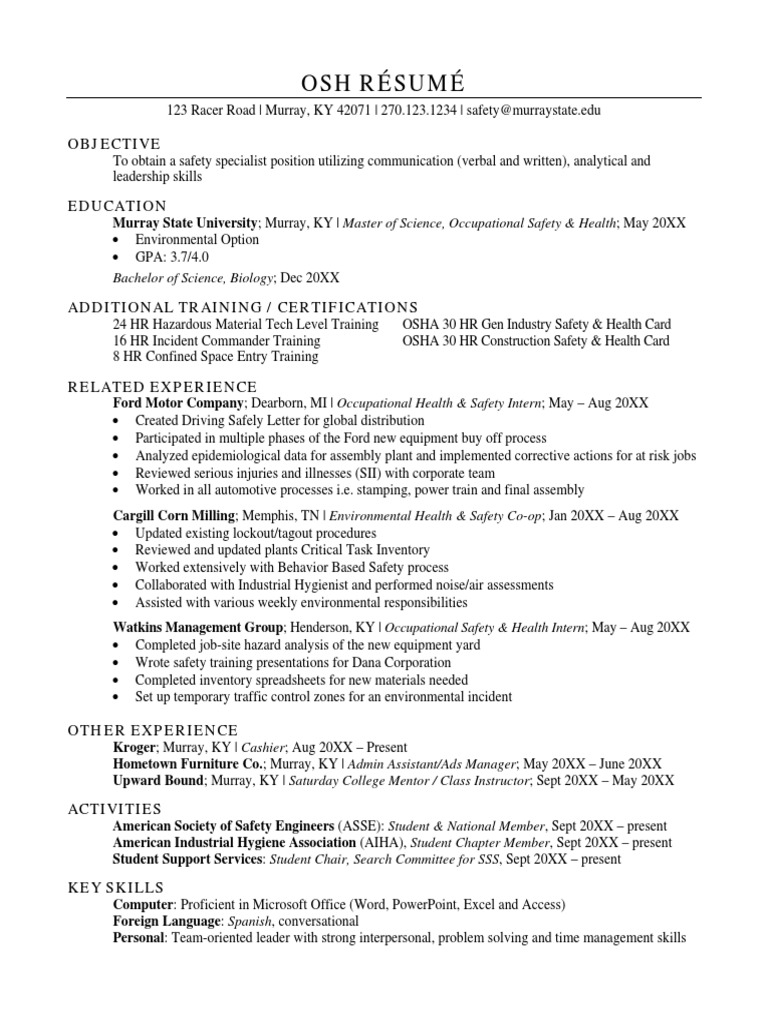 Sample Resume OSH | Safety | Occupational Hygiene
