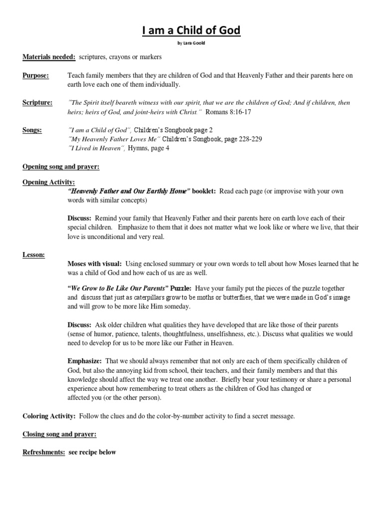 I Am A Child of God FHE Lesson | PDF | God The Father | Peanut Butter