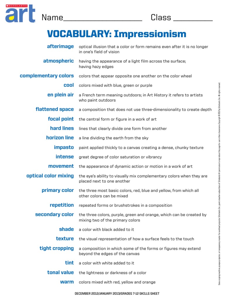 Impressionism Vocabulary for Grades 7-12 | PDF | Language Arts ...