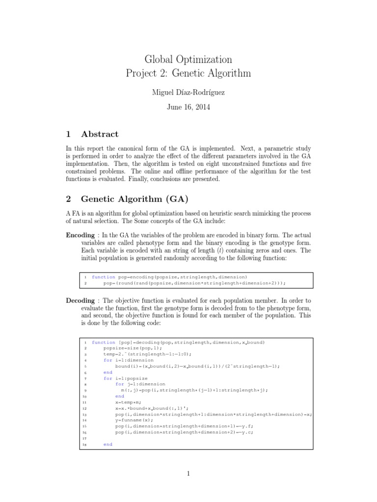 Global Optimization Project 2: Genetic Algorithm: Miguel D Iaz-Rodr ...