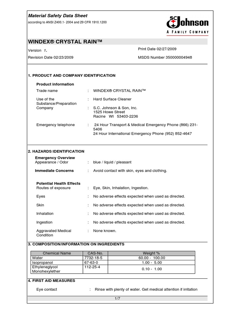 MSDS Windex Crystal Rain | PDF | Toxicity | Occupational Safety And Health
