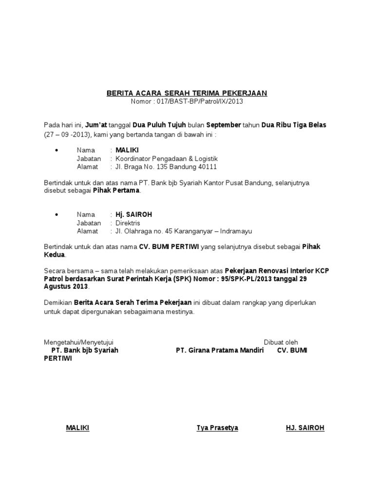 Berita Acara Serah Terima Pekerjaan | PDF