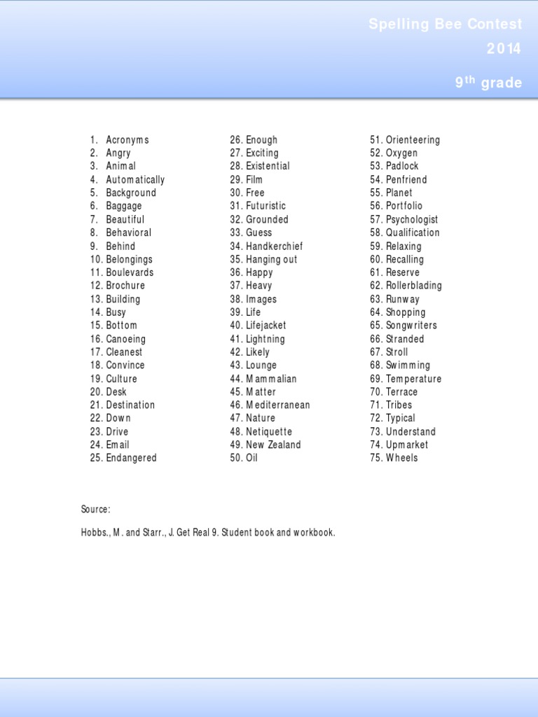 Spelling Bee Words 9th Grade | PDF | Young Adult