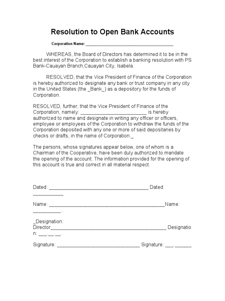 Resolution To Open Bank Accounts | PDF