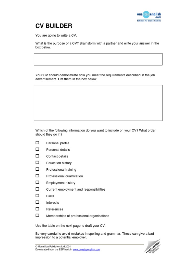 CV Builder: © Macmillan Publishers LTD 2004 Downloaded From The ESP ...