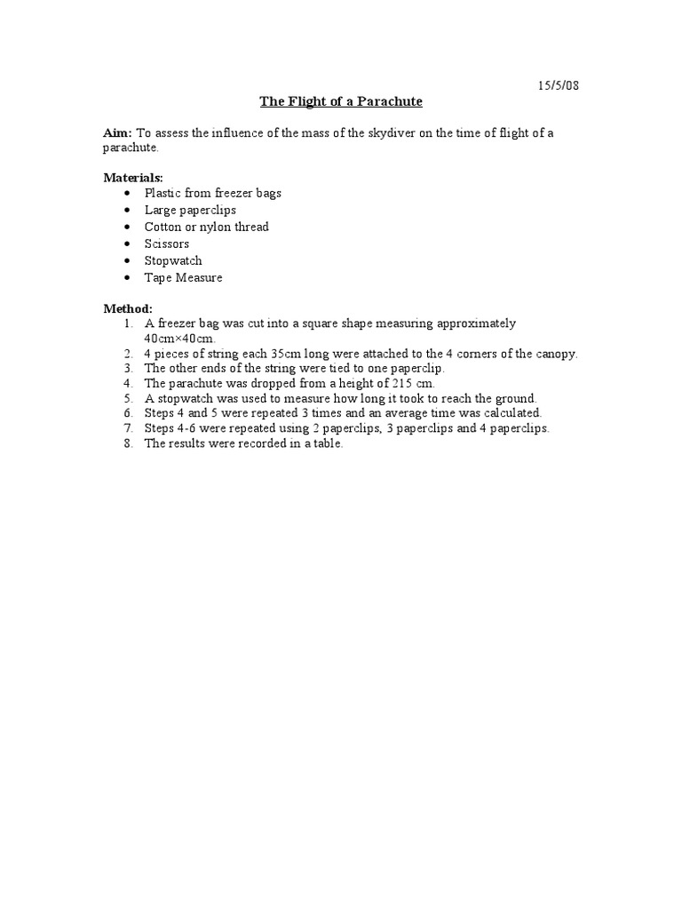 Parachute Flight Time Experiment | PDF | Technology & Engineering