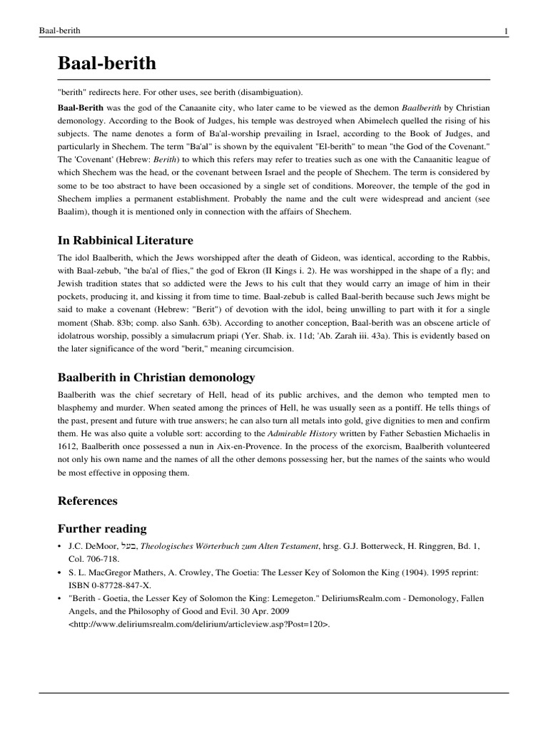 Baal Berith | Jews And Judaism | Jewish Texts
