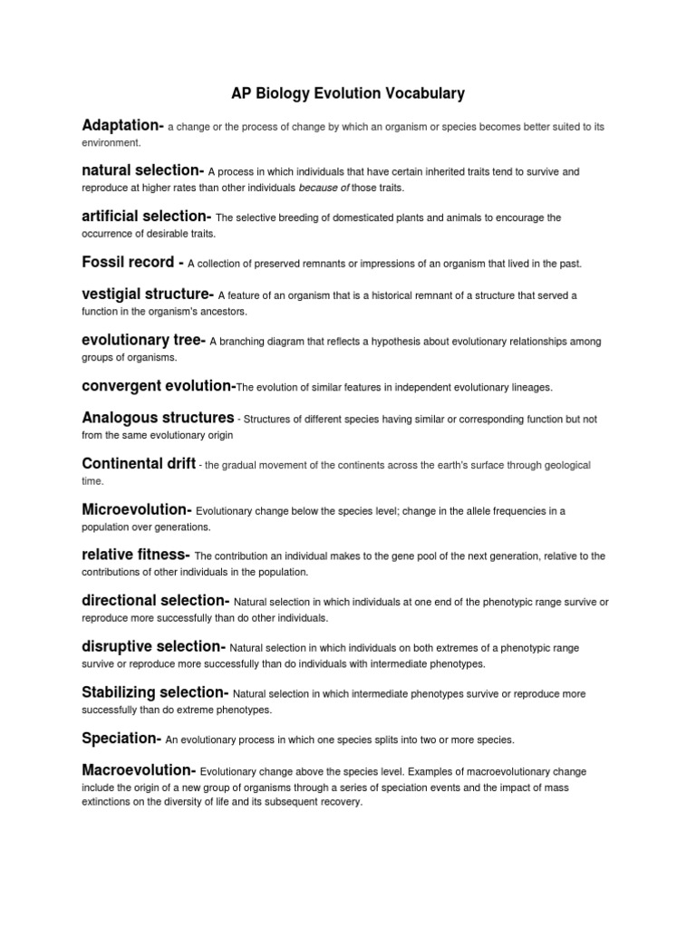 AP Biology Evolution Vocabulary Guide | PDF | Natural Selection | Evolution